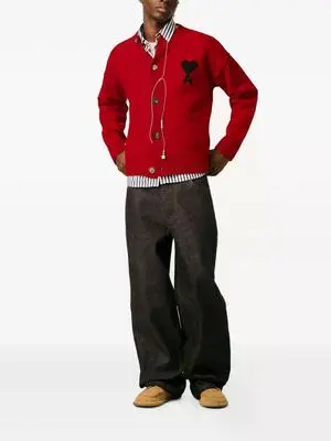 AMI Paris Crewneck Wool Cardigan With De Coeur Intarsia