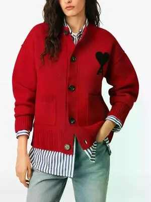 AMI Paris Crewneck Wool Cardigan With De Coeur Intarsia