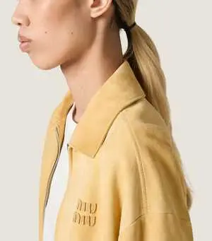 Miu Miu Waxed Suede Blouson Jacket With Logo Detail