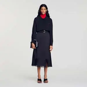 Sandro Mixed-material Lace Midi Skirt - Black