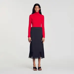 Sandro Mixed-material Lace Midi Skirt