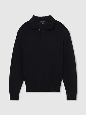 REISS Ashdown Cotton Open-collar Polo Jumper - Navy
