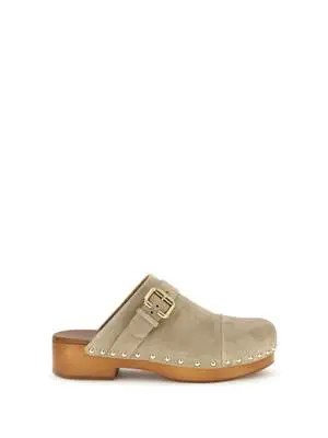Chloé Jeannette Suede Clog Mules With Gold Buckle Detail - Cream