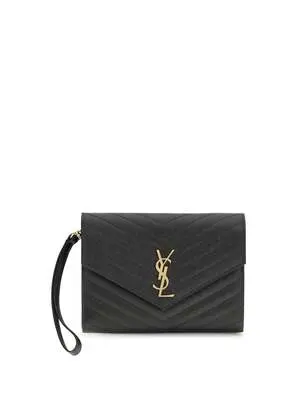 Saint Laurent Leather Clutch With Gold Tone Logo - Black