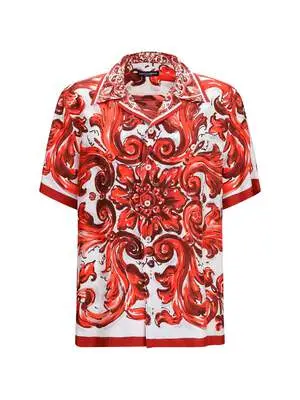 Dolce & Gabbana Maiolica Print Hawaii Shirt In Silk Twill - Red