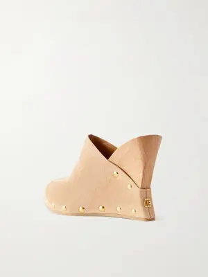 Balmain Suede Wedge Clogs With Gold-tone Studs