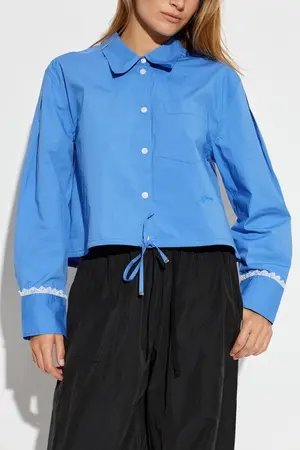 GANNI Cropped Oversized Shirt With Pocket And Lace Cuffs