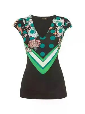 Roberto Cavalli Floral Print And Polka Dot V-neck Cap Sleeve Top
