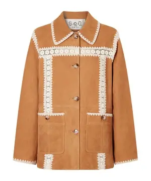 Sea Embroidered Suede Jacket With Crochet Trims