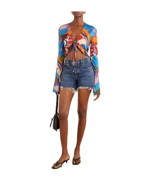 DONDE ESTEBAN Cropped Tie-detailed Floral-print Jersey Top