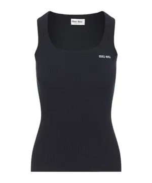 Miu Miu Ribbed Knit Tank Top With Embroidered Logo - Blue