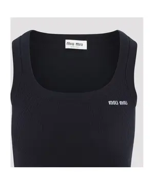 Miu Miu Ribbed Knit Tank Top With Embroidered Logo - Blue