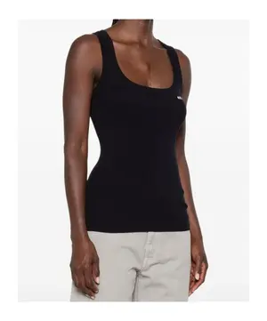 Miu Miu Ribbed Knit Tank Top With Embroidered Logo - Blue