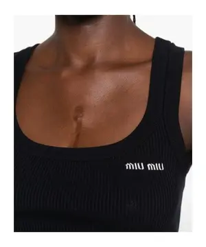 Miu Miu Ribbed Knit Tank Top With Embroidered Logo - Blue