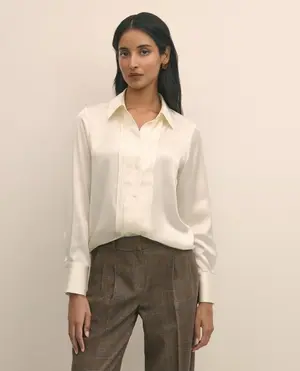 Brooks Brothers Silk Charmeuse Pintucked Blouse | | Large - Marshmallow