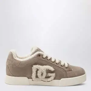 Dolce & Gabbana Portofino Light Sneakers In Calf Leather And Shearling - Brown