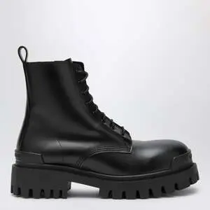 Balenciaga Calfskin Leather Combat Boots With Embossed Logo - Black