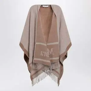Max Mara Jacquard Poncho With Fringes In Sand-colored Wool - Cream