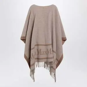Max Mara Jacquard Poncho With Fringes In Sand-colored Wool
