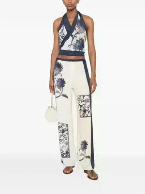 SIR. Midnight Blue Floral Print Patchwork Wide-leg Trousers - Neutrals