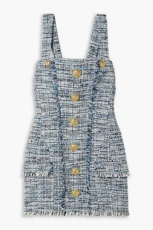 Balmain Buttonembellished Frayed Cottonblend Tweed Mini Dress