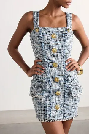 Balmain Buttonembellished Frayed Cottonblend Tweed Mini Dress