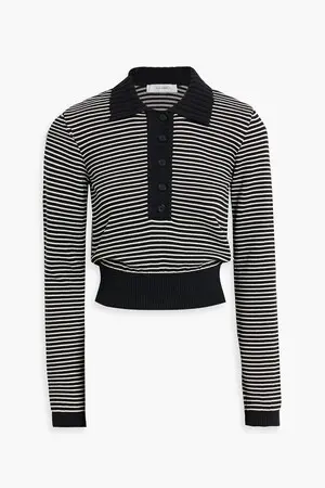 FRAME Striped Cotton Polo Sweater - Black