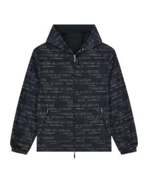 Emporio Armani Hooded Blouson Jacket With All-over Print - Blue