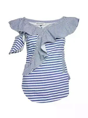 SELF-PORTRAIT Frilled Striped Off-the-shoulder Top - Blue