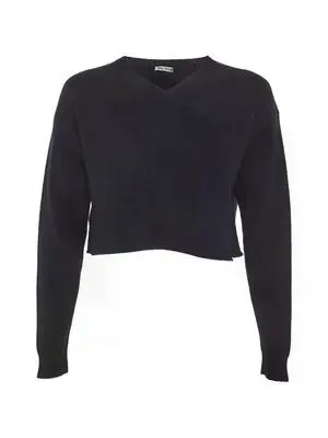 Miu Miu Cropped Wool Knit V-neck Sweater - Blue