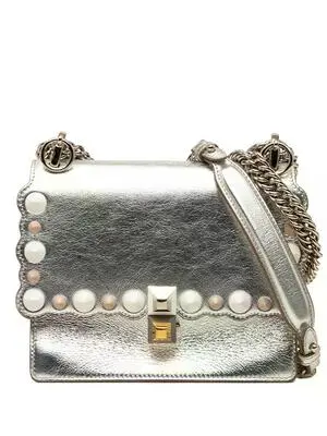 Fendi Mini Kan I Scalloped Metallic Leather Crossbody Bag With Pearl Embellishments - Silver