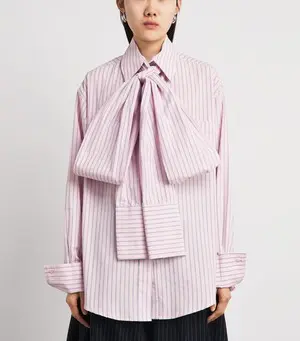 LATE FOR WORK Striped Pussybow Cotton-blend Shirt