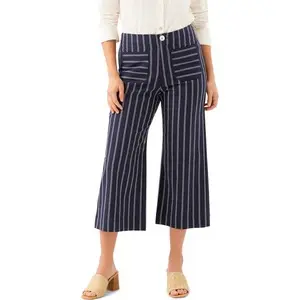 Karen Kane Stripe Cotton Blend Crop Wide Leg Pants - Navy