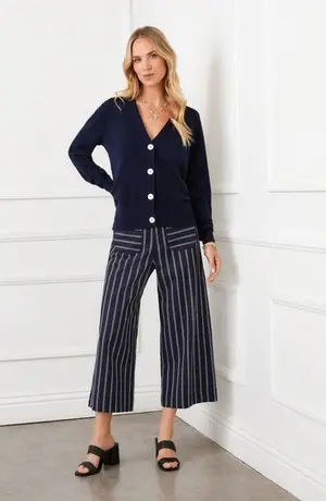 Karen Kane Stripe Cotton Blend Crop Wide Leg Pants