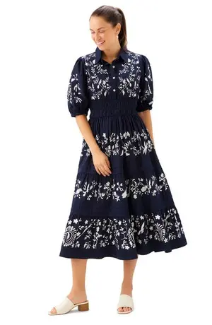 Karen Kane Embroidered Puff Sleeve Tiered Midi Dress
