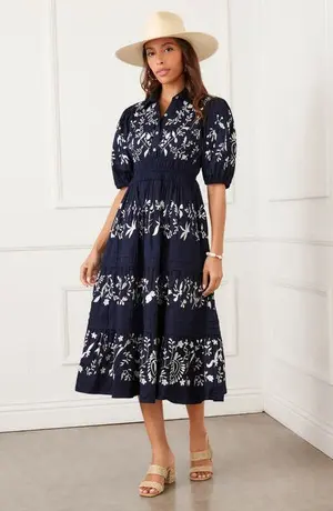 Karen Kane Embroidered Puff Sleeve Tiered Midi Dress