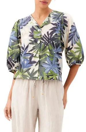 Karen Kane Puff Sleeve Peony Cotton Button-up Shirt - Print