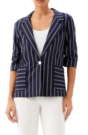 Karen Kane Stripe Ruched Sleeve Stretch Cotton Jacket - Navy