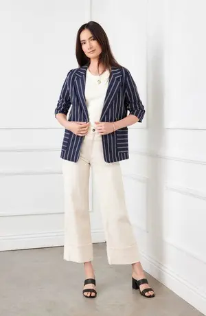 Karen Kane Stripe Ruched Sleeve Stretch Cotton Jacket