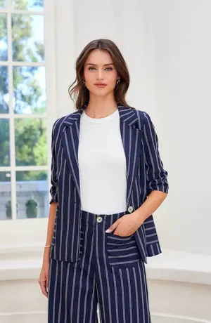 Karen Kane Stripe Ruched Sleeve Stretch Cotton Jacket