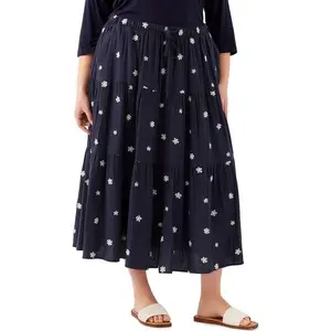 Karen Kane Tiered Floral Embroidered Cotton Midi Skirt - Navy