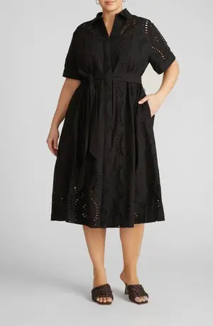 Universal Standard Eyelet Tie Waist Poplin Shirtdress - Black