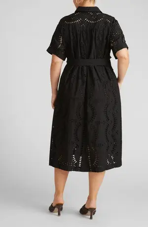 Universal Standard Eyelet Tie Waist Poplin Shirtdress - Black