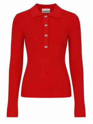 GANNI Ribbed Wool Polo Shirt With Embellished Buttons - Red