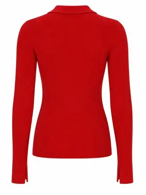 GANNI Ribbed Wool Polo Shirt With Embellished Buttons - Red