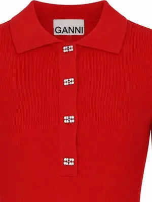 GANNI Ribbed Wool Polo Shirt With Embellished Buttons - Red