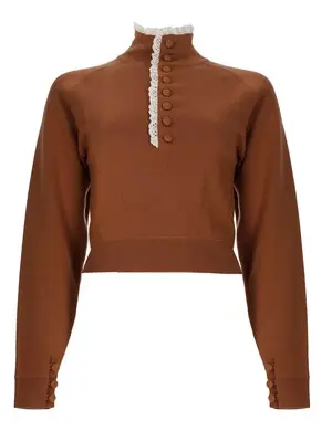 Chloé Pullover A Collo Alto In Maglia Di Lana E Pizzo - Brown