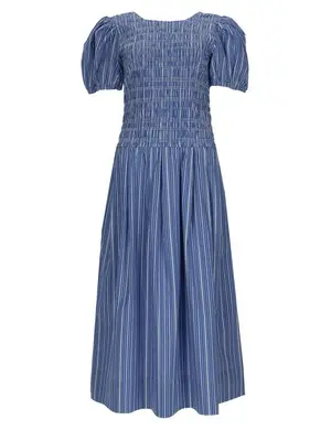 GANNI Striped Cotton Dress - Blue