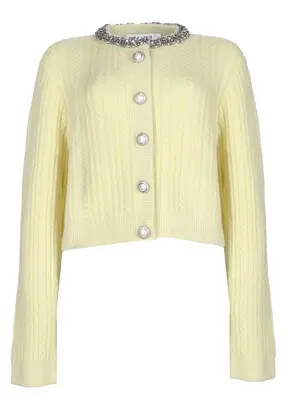 SELF-PORTRAIT Cardigan With Pearl And Rhinestone Embellishments - Yellow