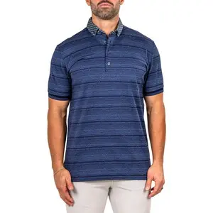 MACEOO Marthyr Stripe Contrast Collar Cotton Polo - Blue